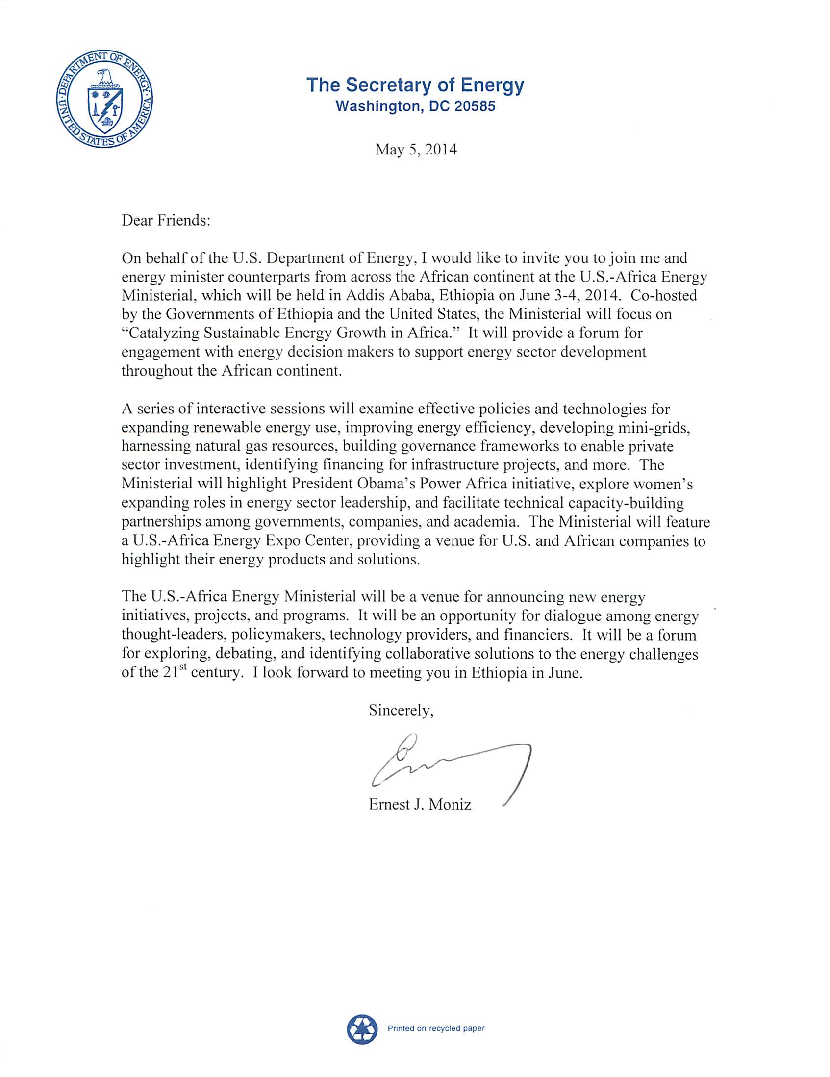 Secretary Moniz's Open Invitation Letter to AEM | Department of Energy