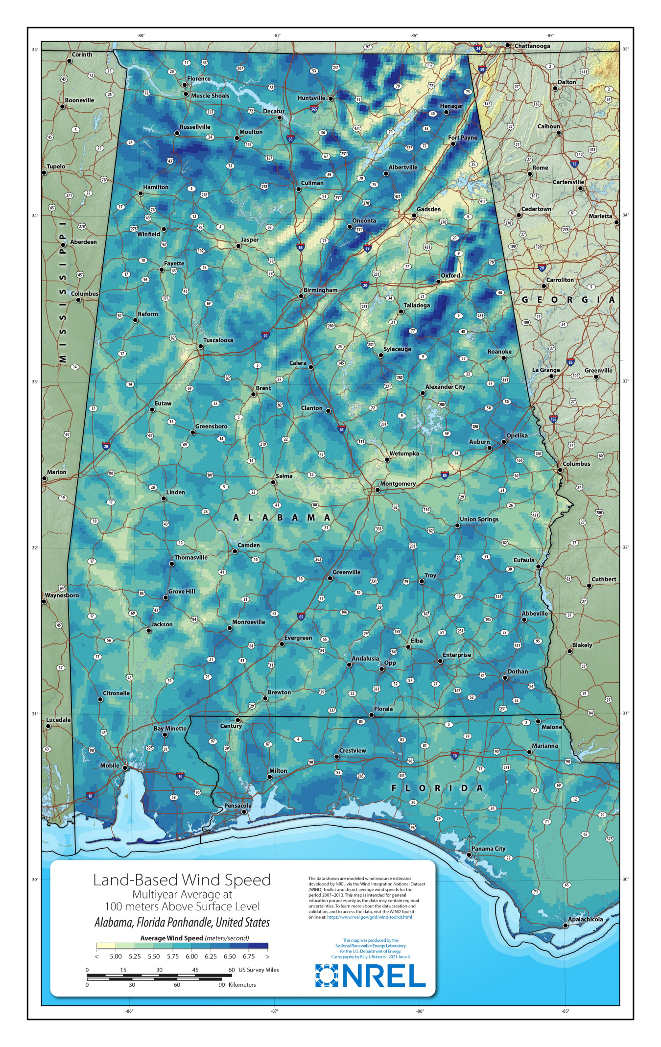 Alabama and Florida Panhandle Land-Based Wind Speed at 100 Meters ...