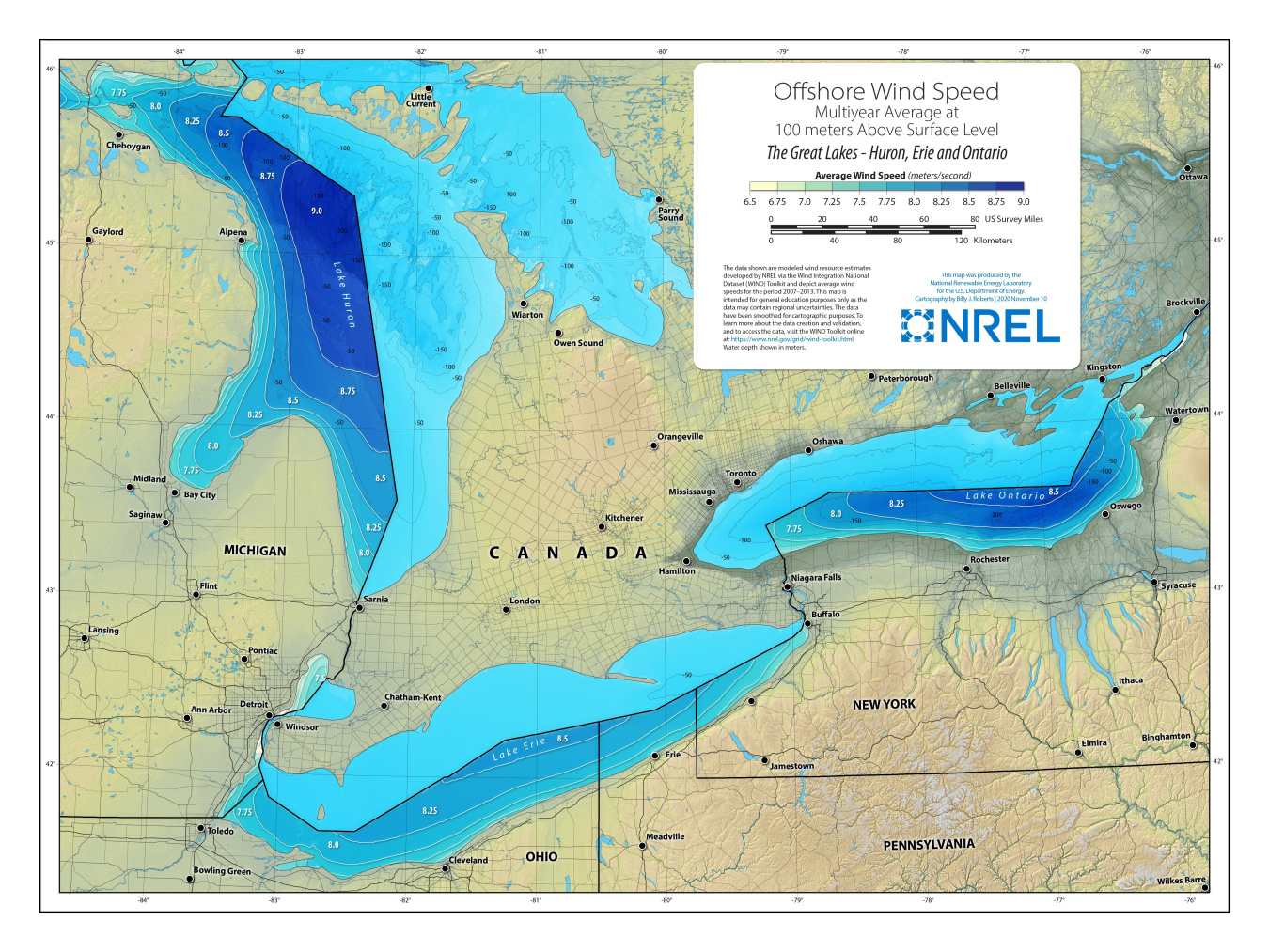 Great Lakes Offshore Wind Speed at 100 Meters | Lakes Huron, Erie, and ...