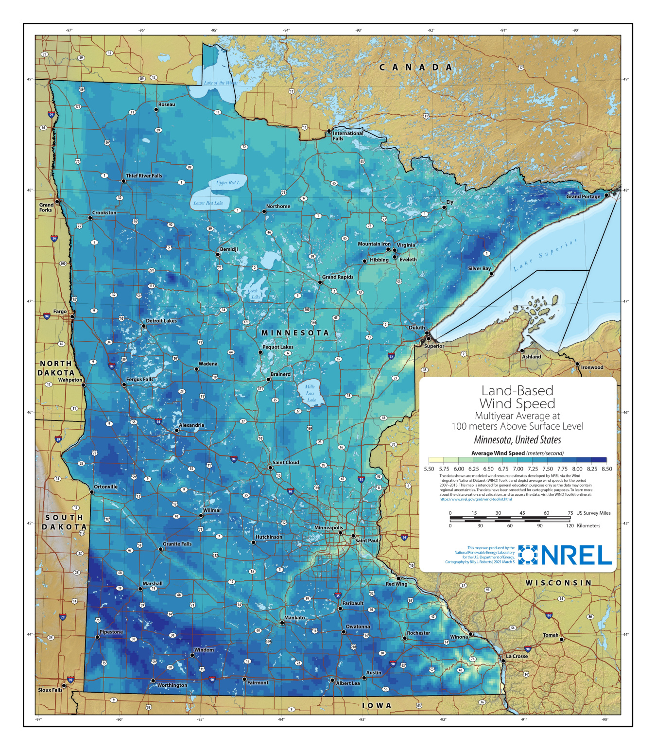 Minnesota Land-Based Wind Speed at 100 Meters | Department of Energy