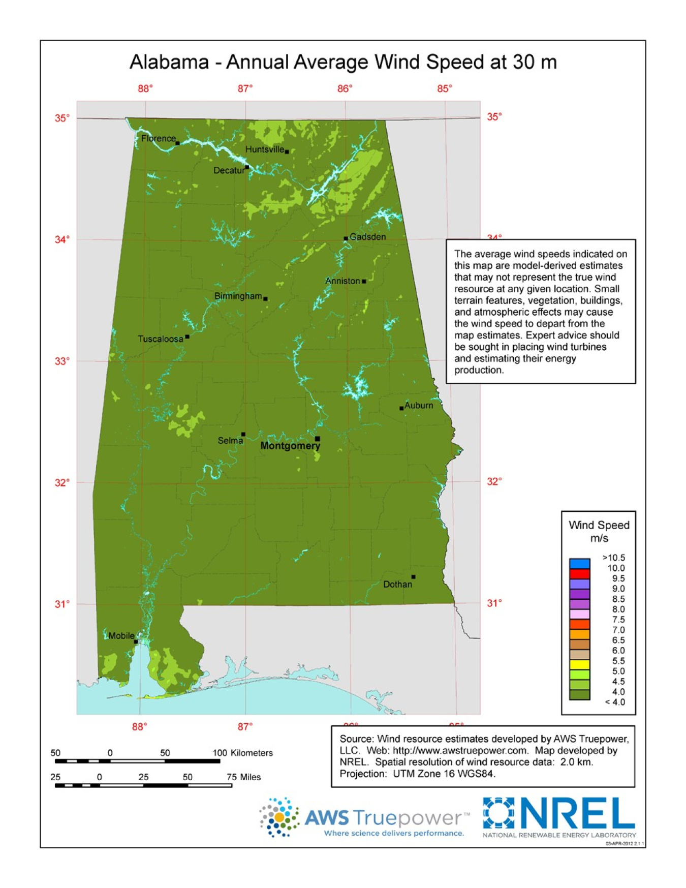 Alabama 30-Meter Residential-Scale Wind Resource Map | Department of Energy
