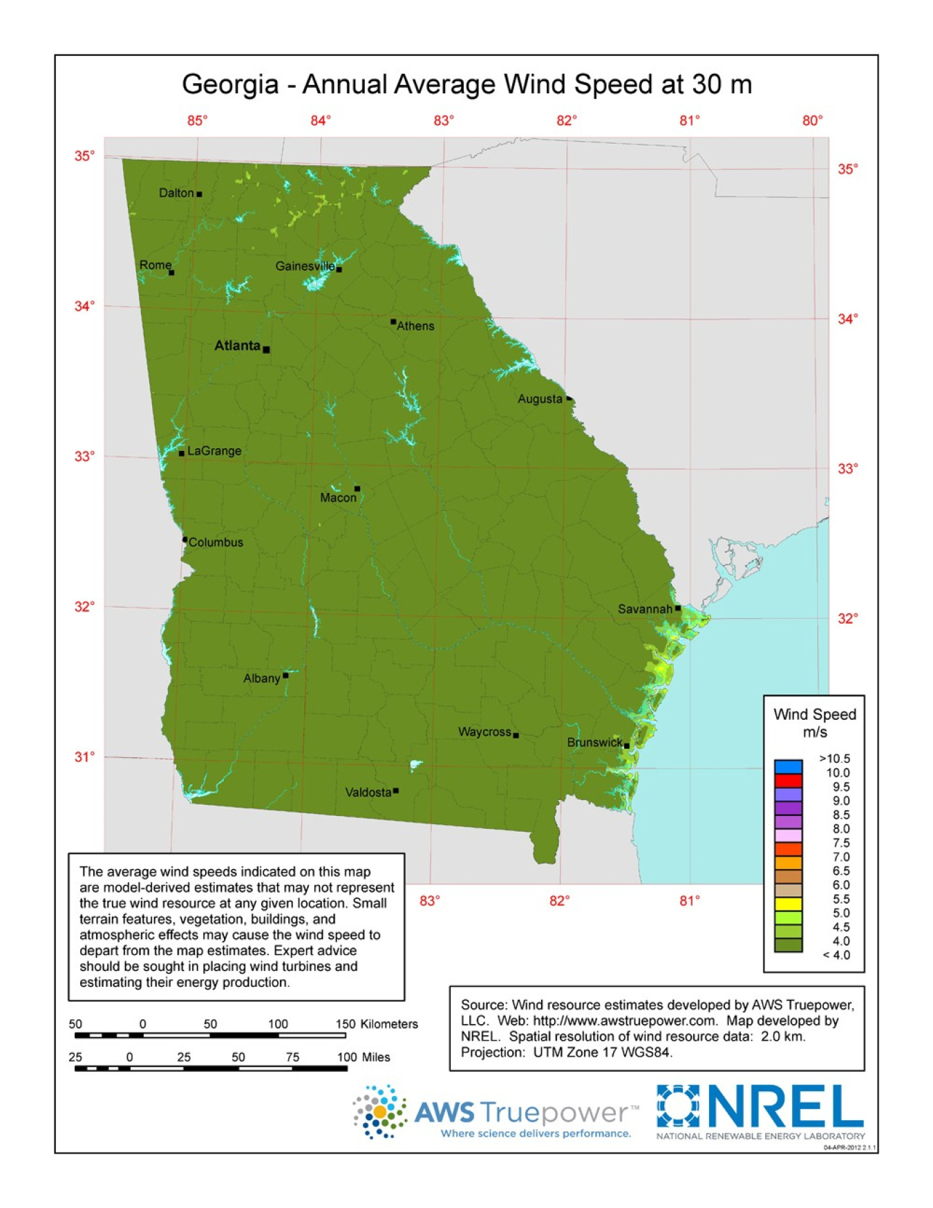 Georgia 30-Meter Residential-Scale Wind Resource Map | Department of Energy
